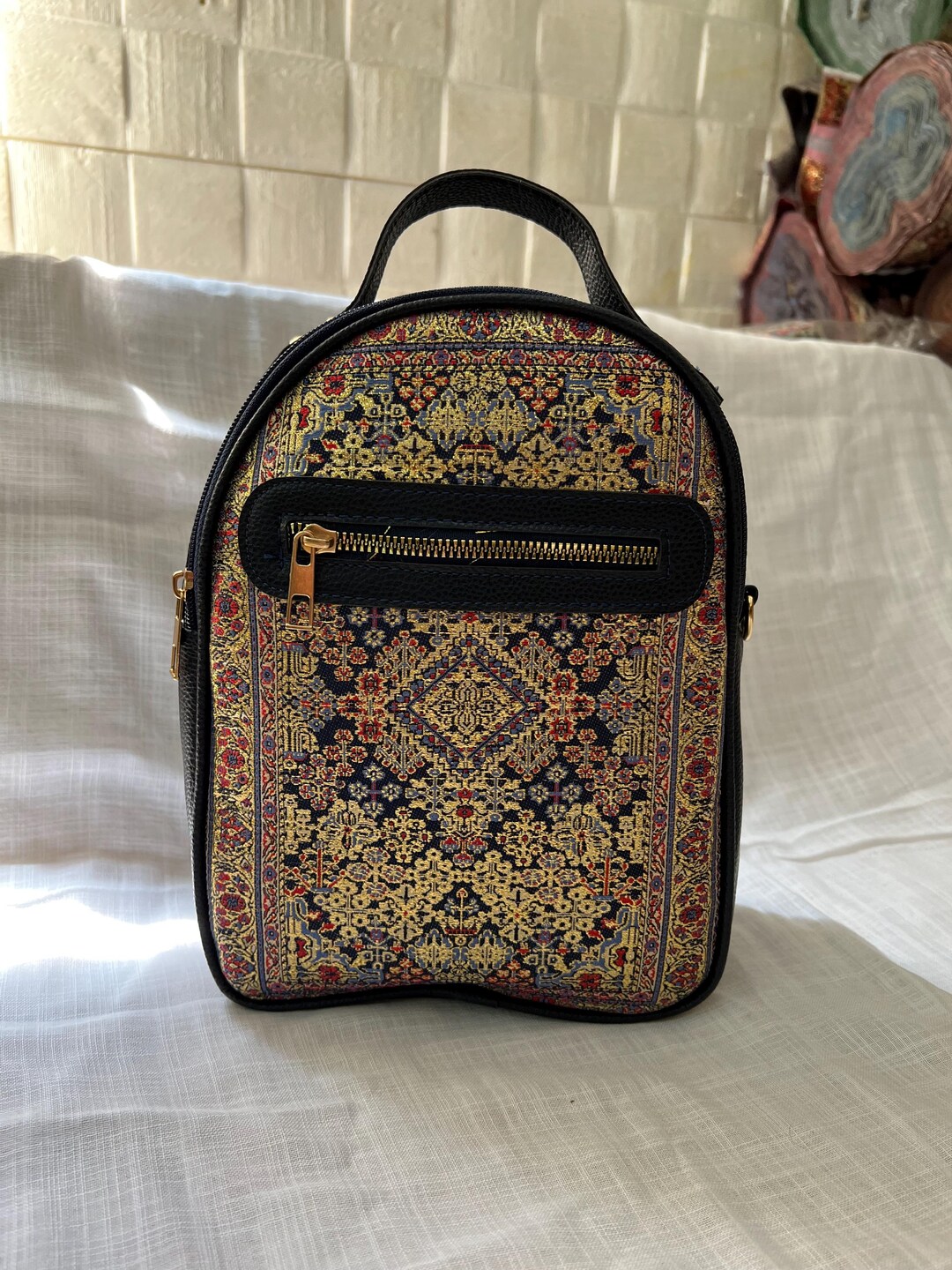 Boho Vintage Kilim Backpack Traditional Anatolian Rug Design, Leather ...