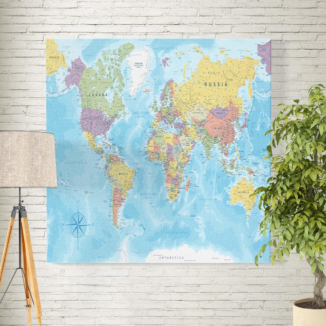 Classic World Map Poster on Canvas Traditional Political Global Map ...
