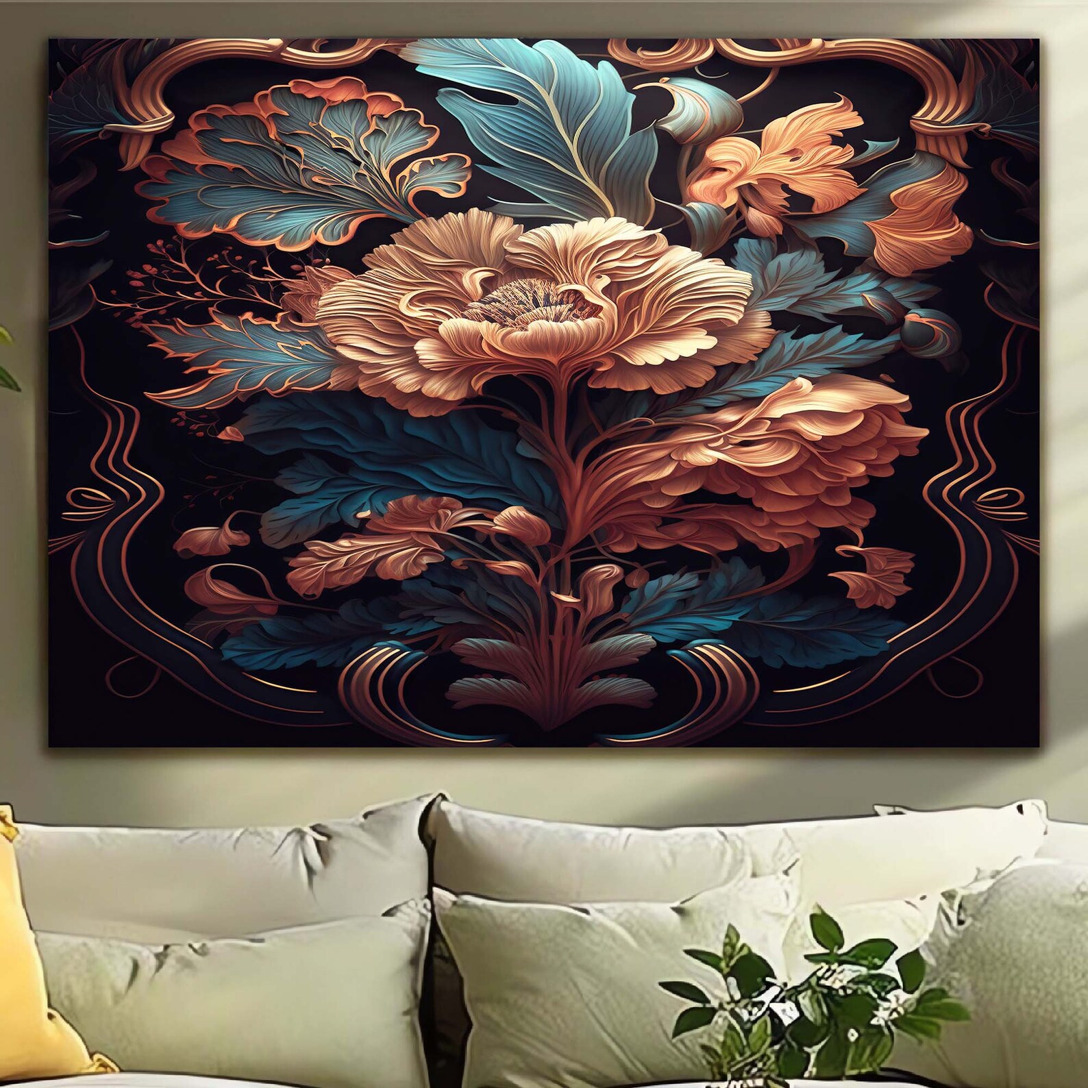 Dark Floral Luxury Vintage Look Glass Wall Art, Tempered Glass Wall Art ...