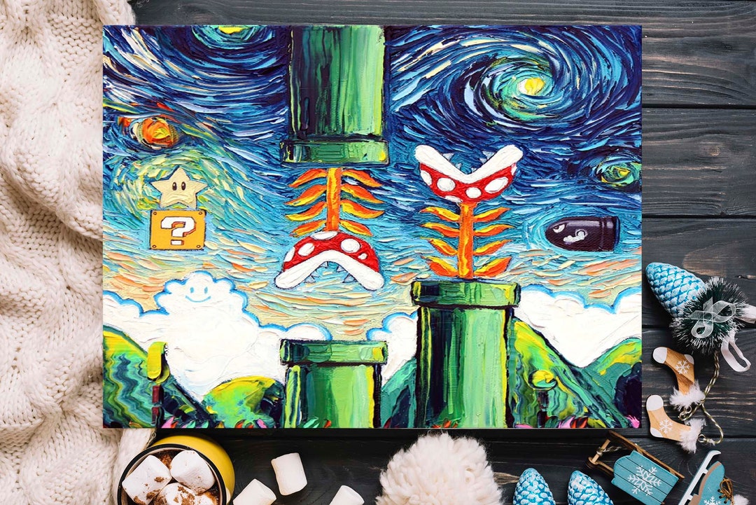 Van Gogh Style Mario Painting, Modern Wall Art, Gaming Room Wall Decor ...