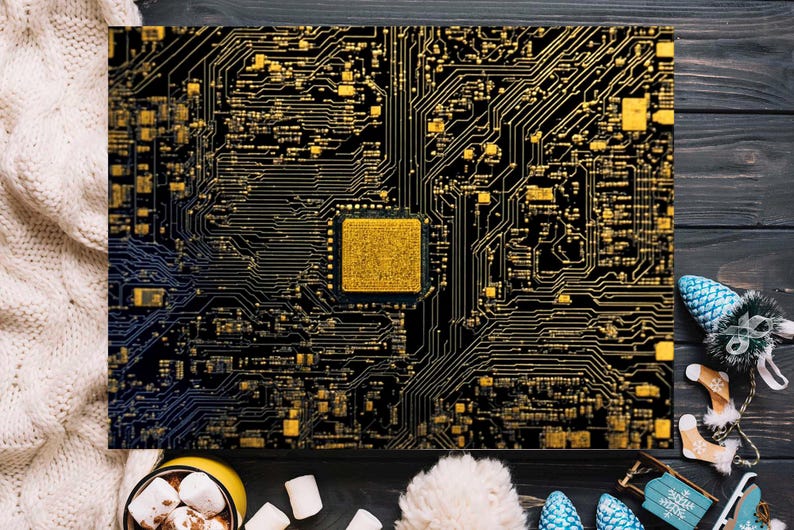 Gold Circuit Board Art, Futuristic Tech Poster, Electronic Chip Print ...