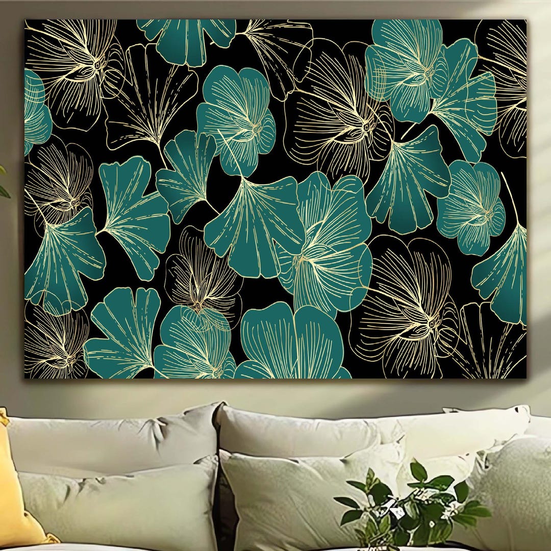 Green and Gold Jungle Leaves Tempered Glass Wall Art, Green Gold Forest ...