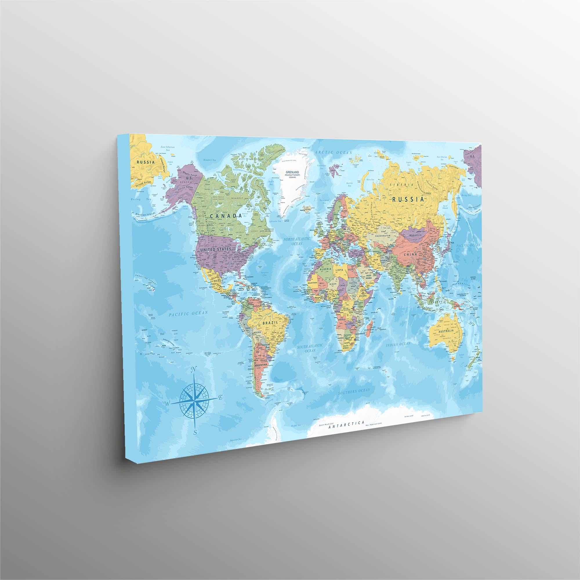 Classic World Map Poster on Canvas Traditional Political Global Map ...