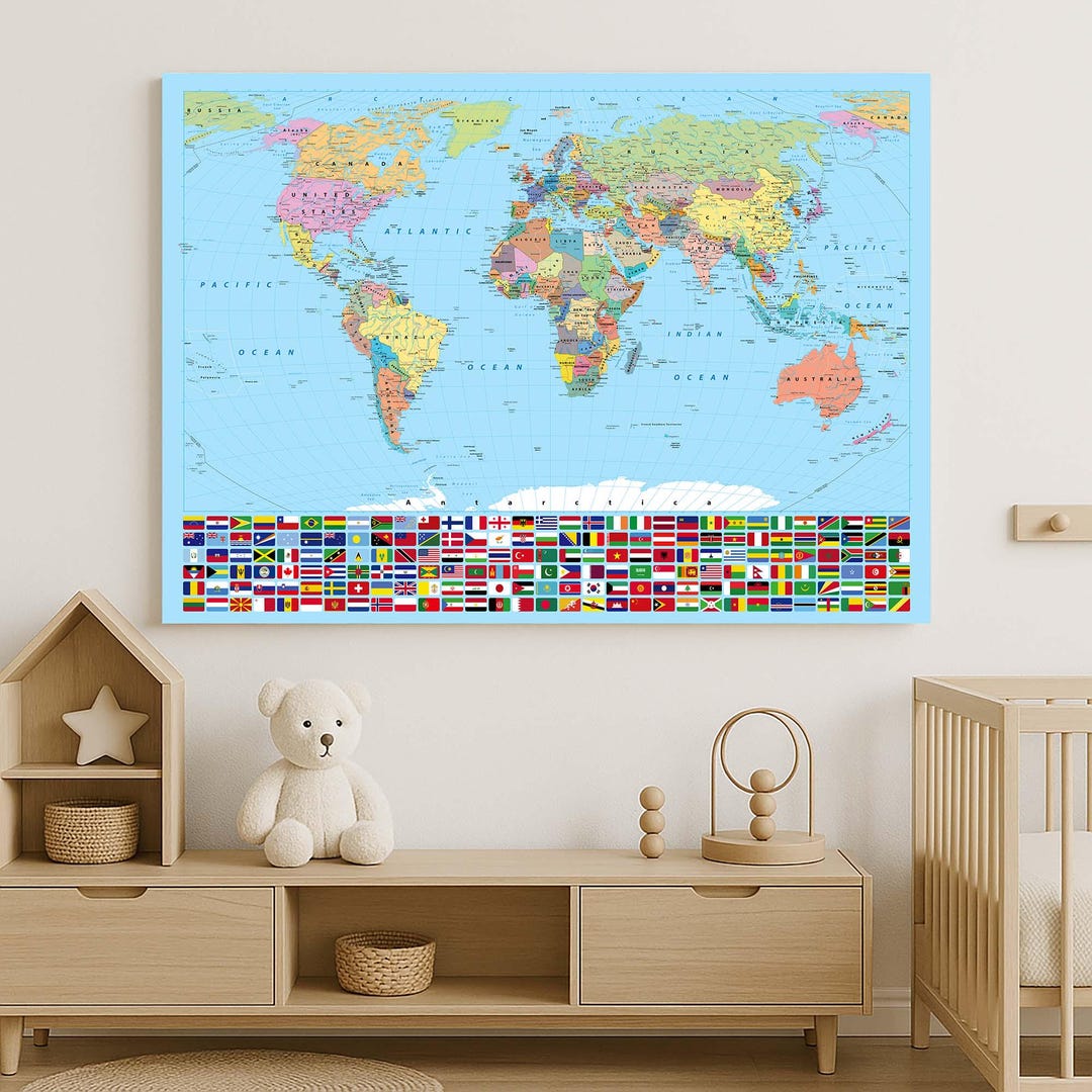 World Map Canvas, Flag Map, Educational Wall Art, Kids Room Map ...