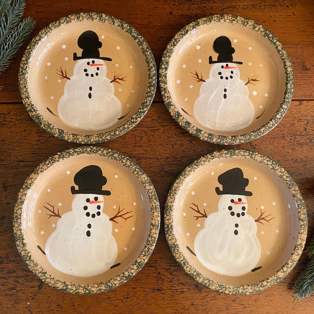 Set of 4 Snowman Plates by Three Rivers Pottery Vintage Small Winter ...