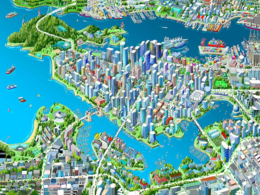 Aerial View of Vancouver Map 3D 3-D False Creek Downtown False Creek English Bay Kitsilano ...