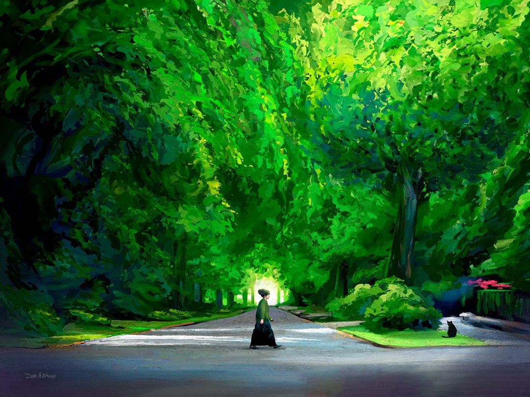 Forest Fantasy Scene of Woman and Cat Lady Trees Boulevard Painting ...