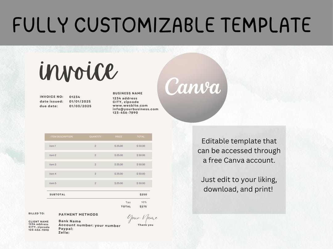 Invoice Template Small Business Editable Invoice Aesthetic Invoice ...