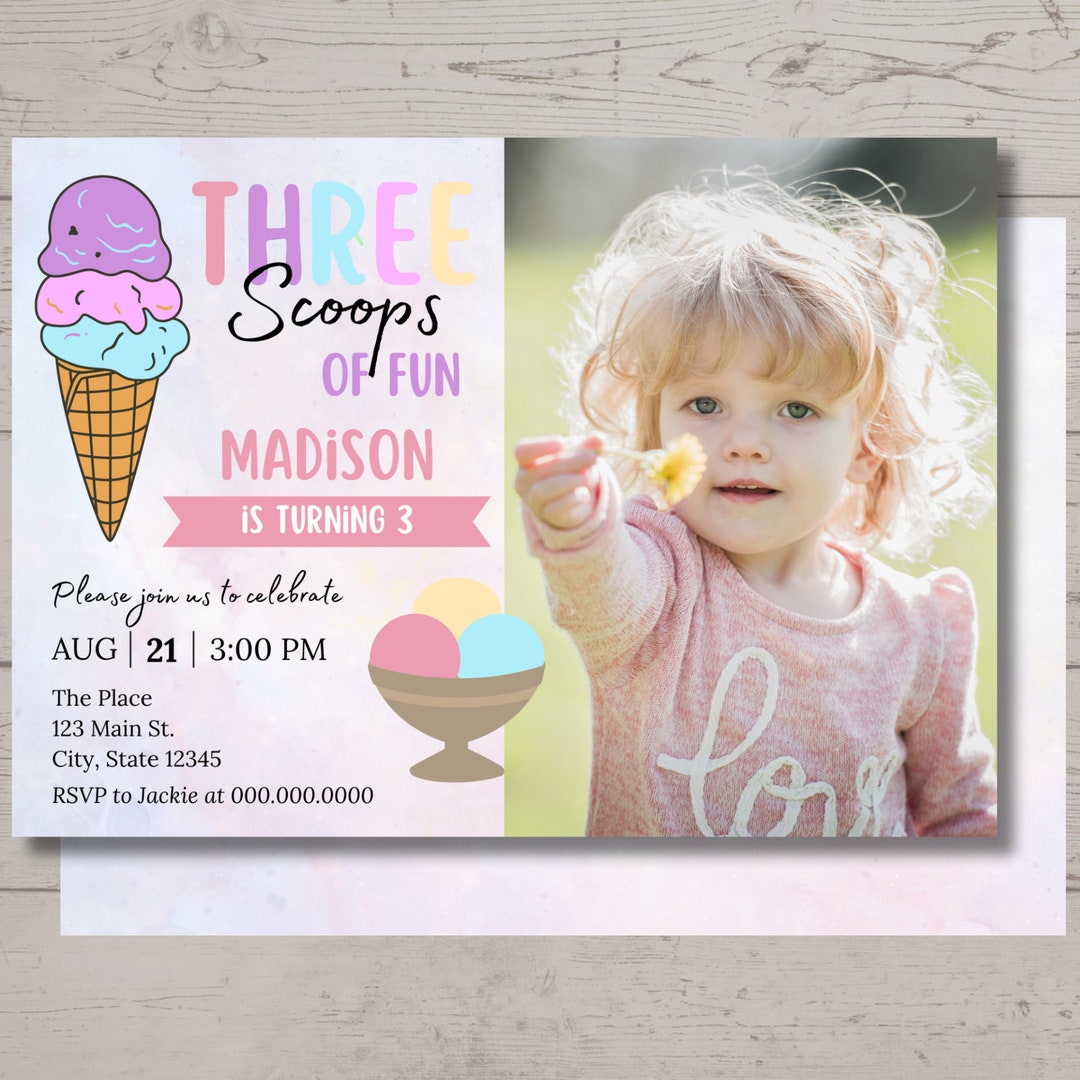 Three Scoops of Fun Digital Birthday Invitation W Photo | Kids Birthday ...