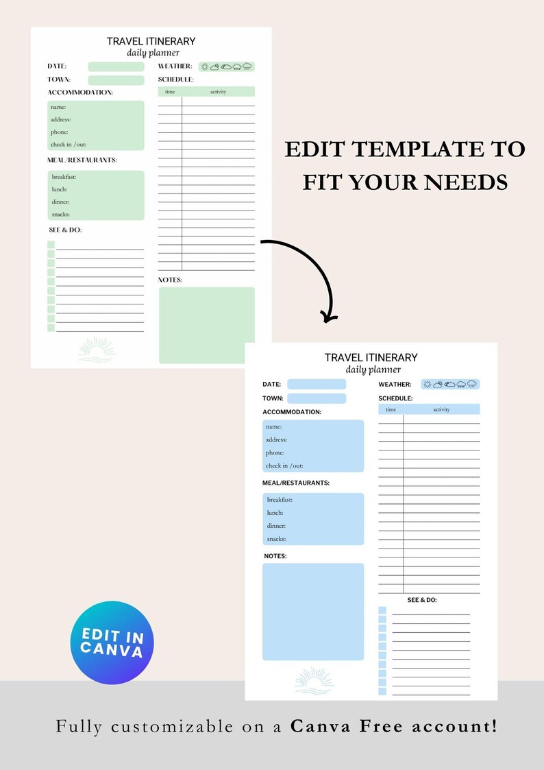 Travel Itinerary Planner Template Editable Vacation Budget List ...