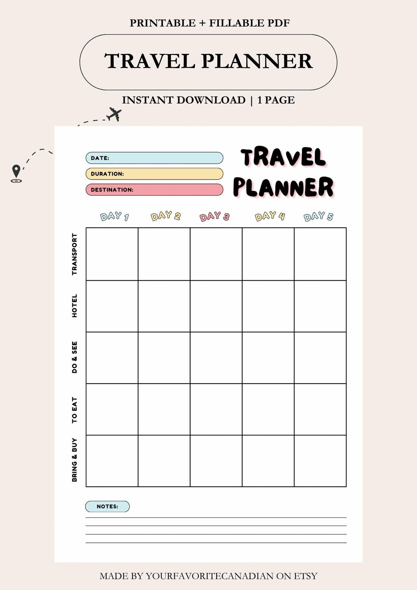 Travel Planner Calendar Template Canva Fillable Journal Vacation ...