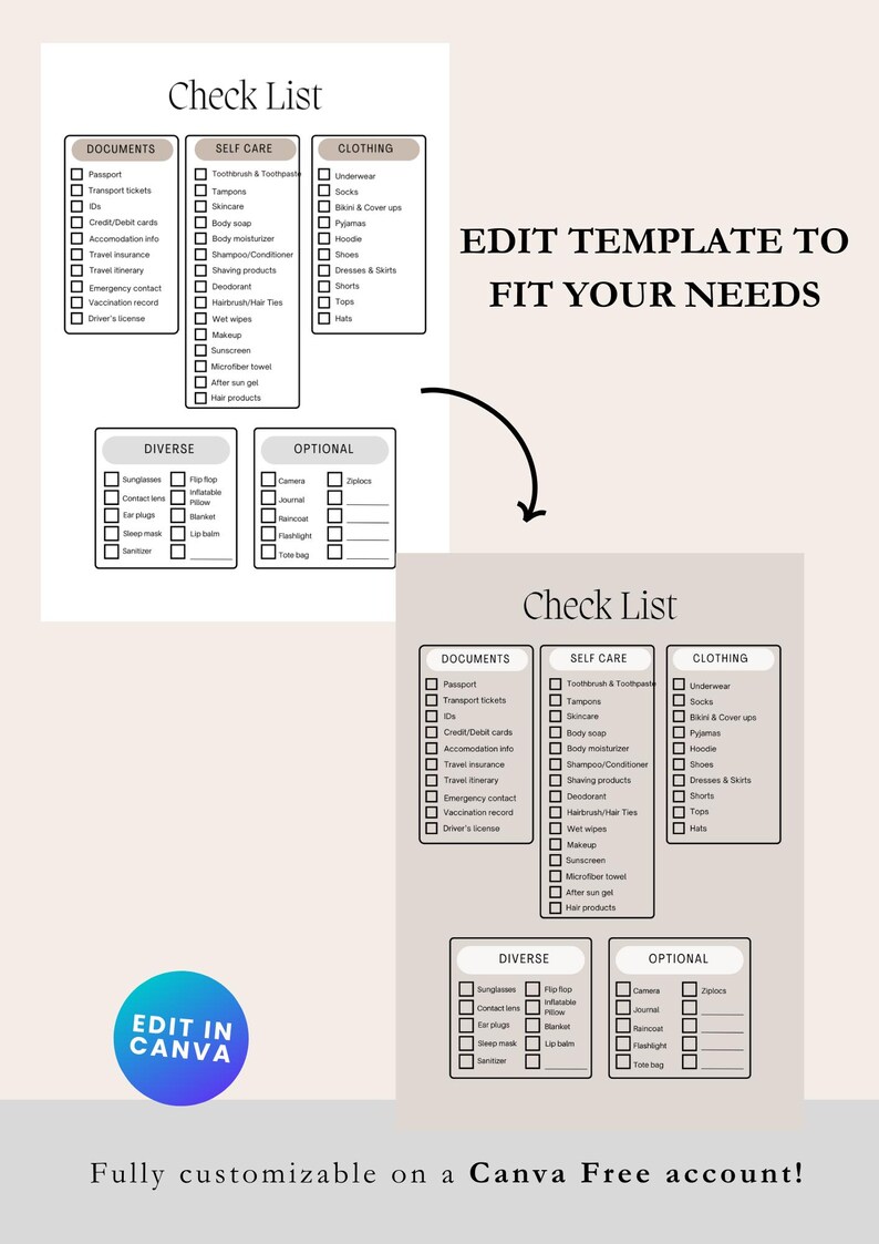 Travel Check List Template Canva Fillable Planner Vacation Tracker Trip ...