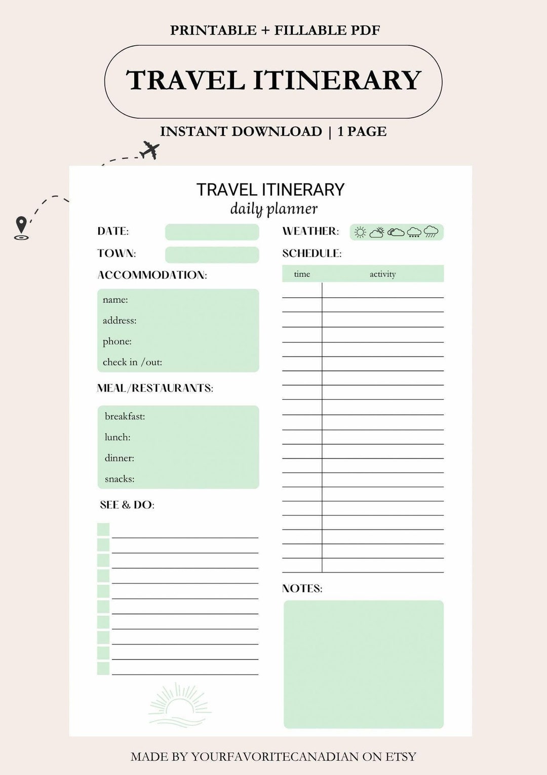Travel Itinerary Planner Template Editable Vacation Budget List ...