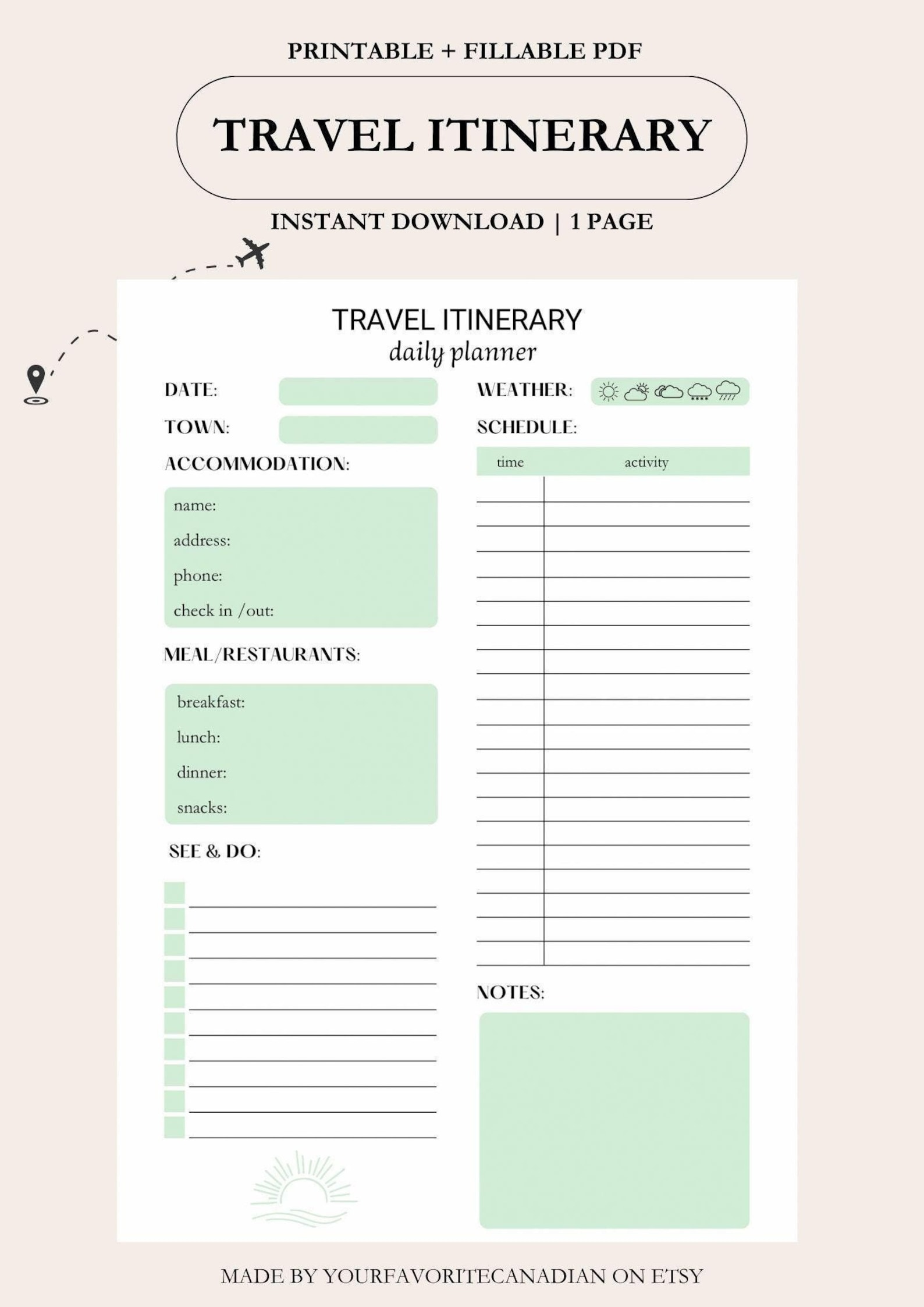 Travel Itinerary Planner Template Editable Vacation Budget List ...