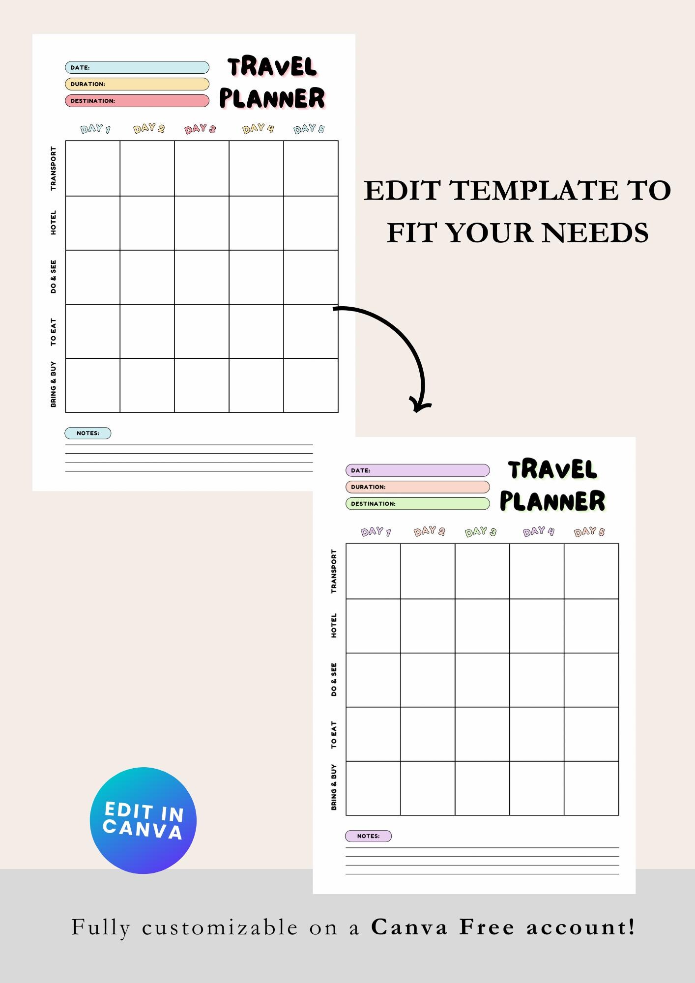 Travel Planner Calendar Template Canva Fillable Journal Vacation ...