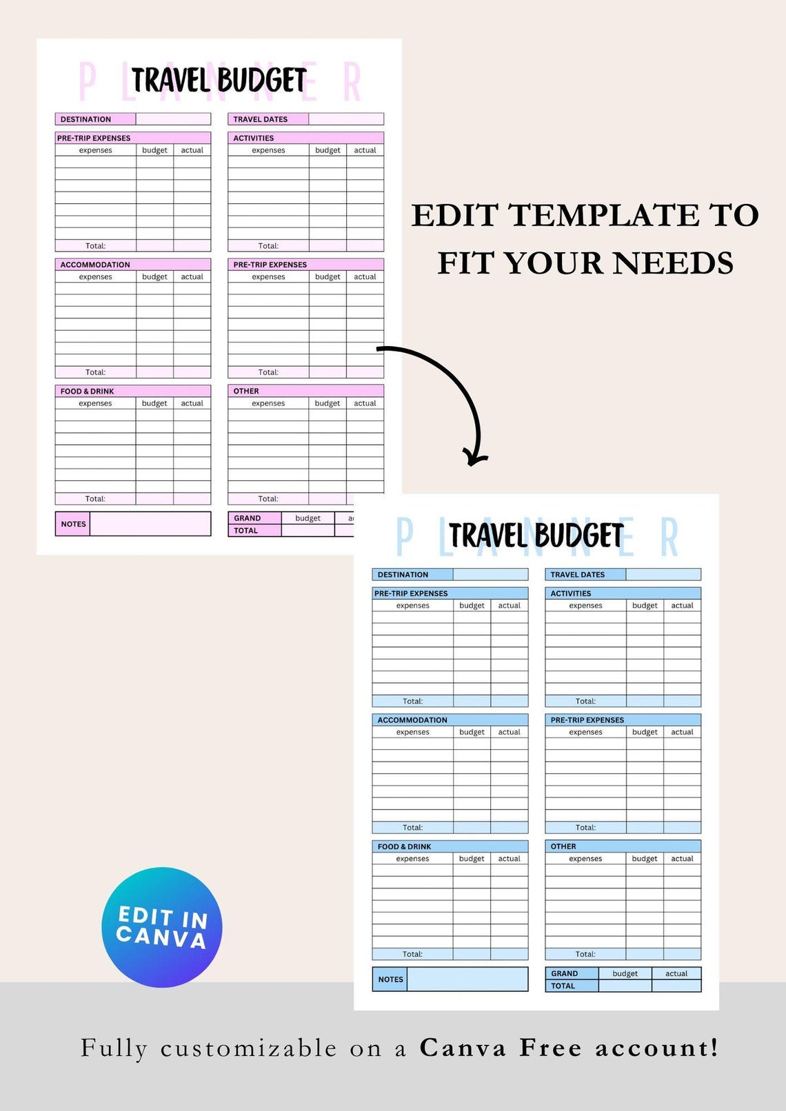 Travel Budget Planner Template Canva Expense Trip Vacation Budget ...