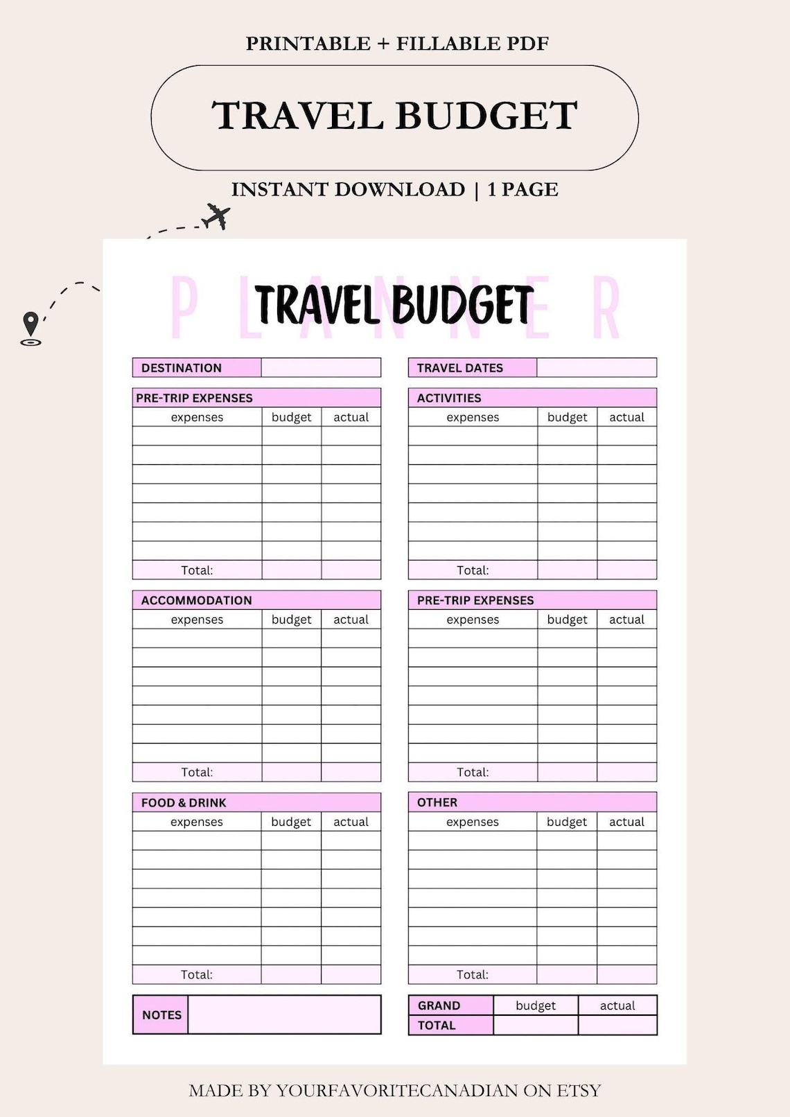 Travel Budget Planner Template Canva Expense Trip Vacation Budget ...