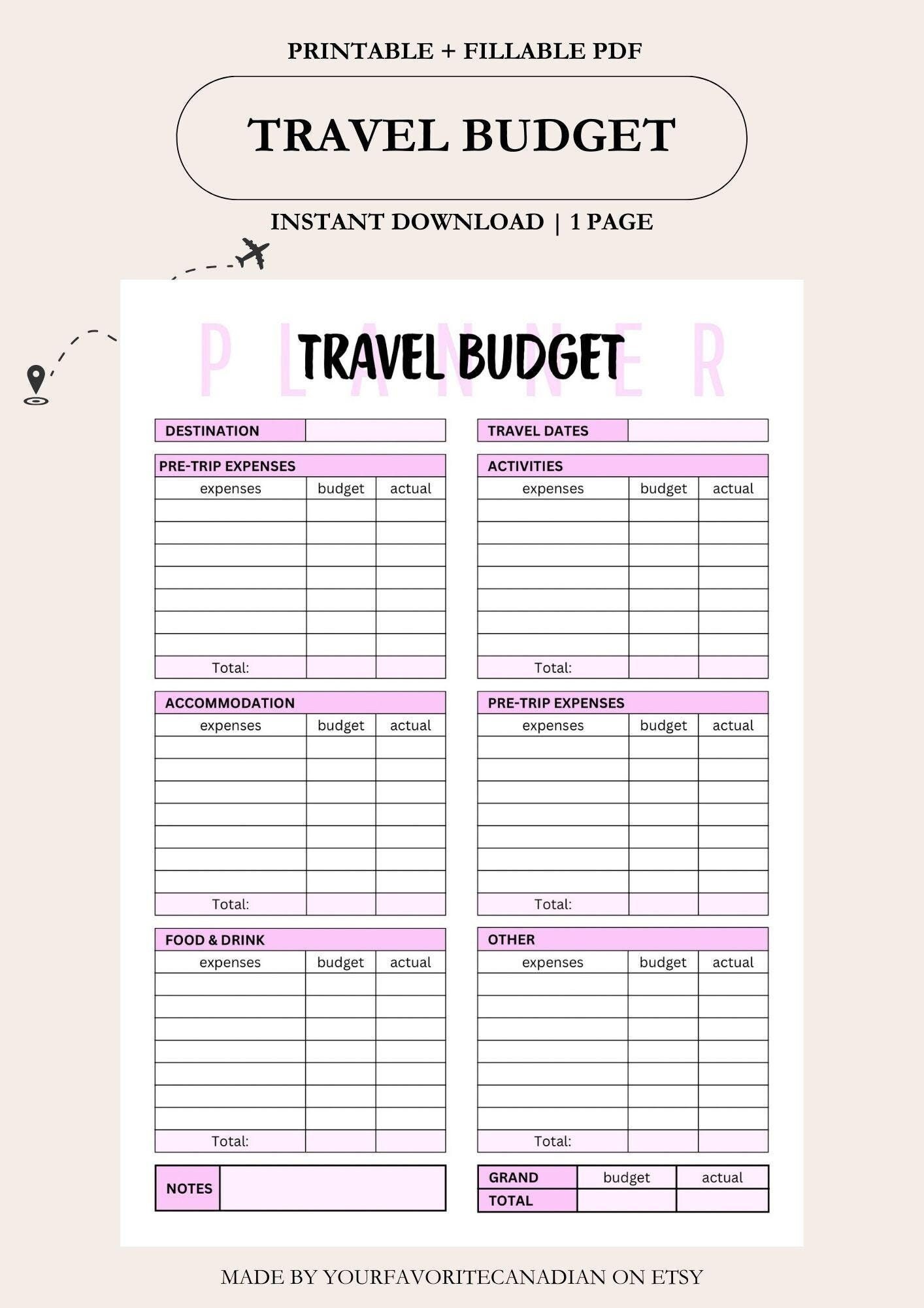 Travel Budget Planner Template Canva Expense Trip Vacation Budget