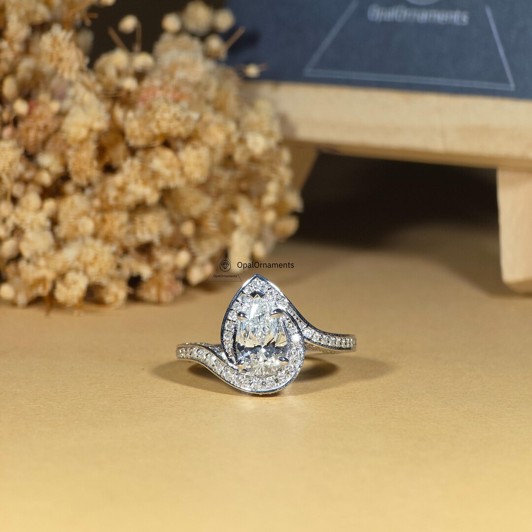 Swirl Bypass 1.30CT Lab Diamond Bridal Ring Pear Diamond Double Halo ...
