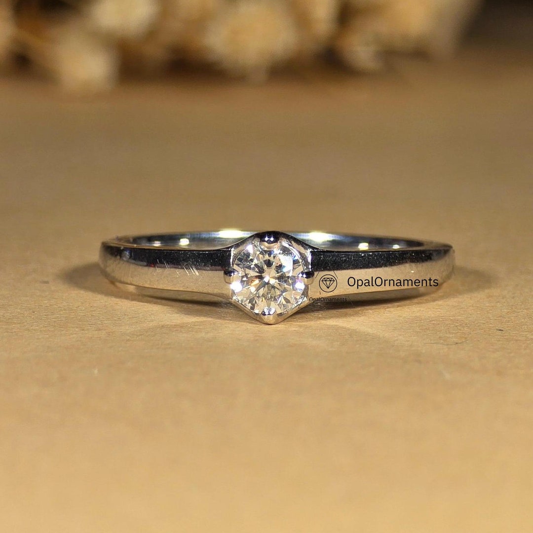 Classic 4-prongs Round Engagement Ring, 0.25CT / 0.50CT / 0.75CT Lab Grown Solitaire Handmade 4 ...