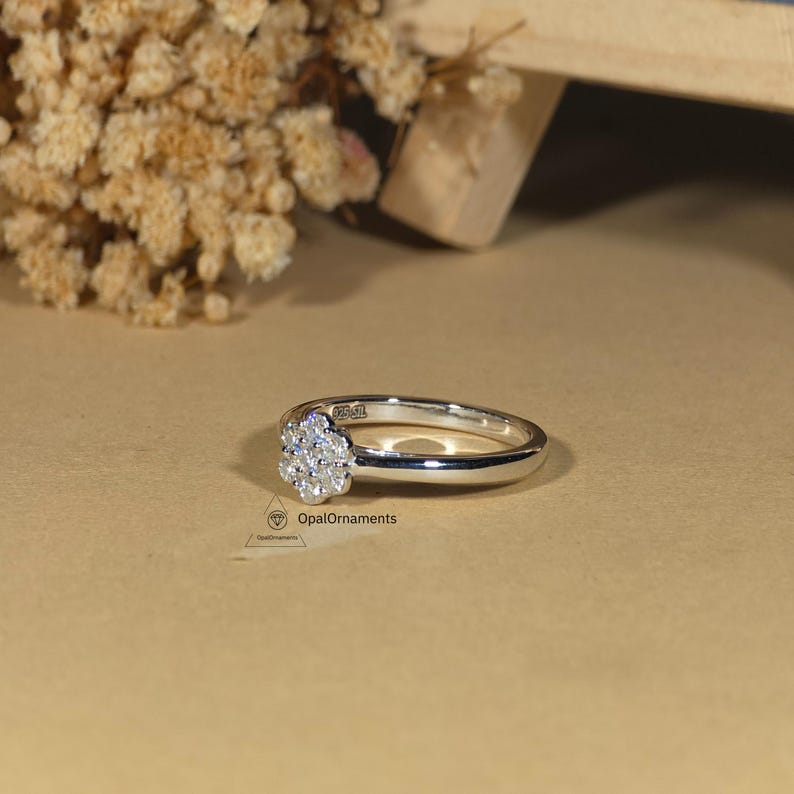 Flower Style Round Lab Diamond Engagement Ring Solid White Gold Floral ...