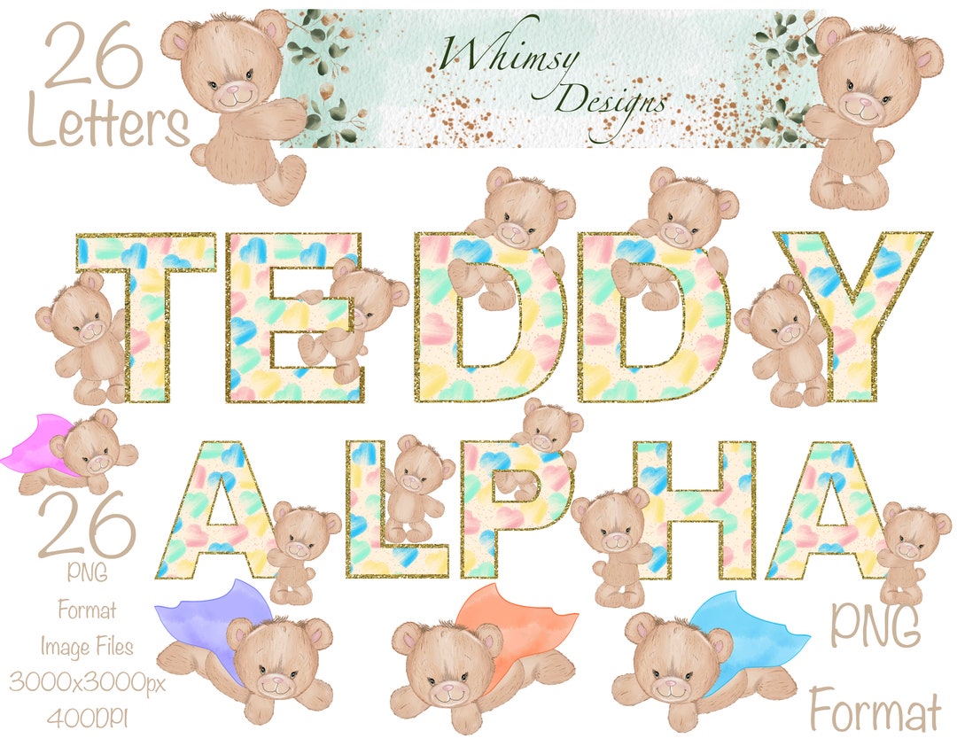 Teddy Bear Alpha Hearts With Gold Glitter | Individually Saved Letters ...