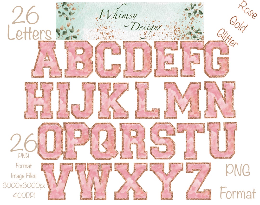 Varsity Pink Watercolour Alpha With Rose Gold Glitter | Individually ...
