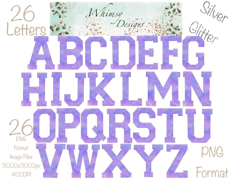Art & Collectibles Purple Watercolour Alpha with Silver Glitter digital ...
