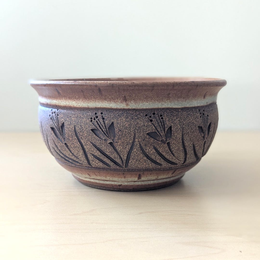 Vintage Stoneware Bowl, Carved Wheat Pattern, Signed Lynne Studio ...