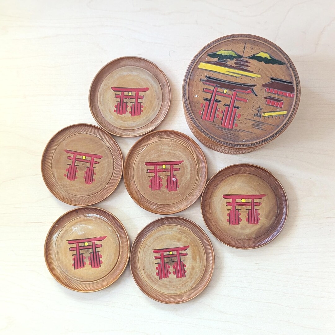 Vintage Mid Century Japanese Wood Coasters Set With Lidded Box: Red ...