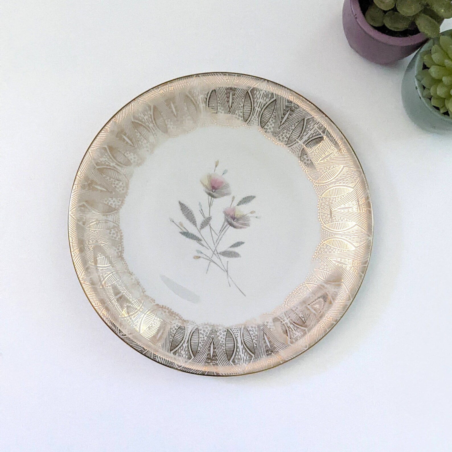 1950s German Porcelain Luncheon Plate, Gilt Leaf Border, Blush Floral ...