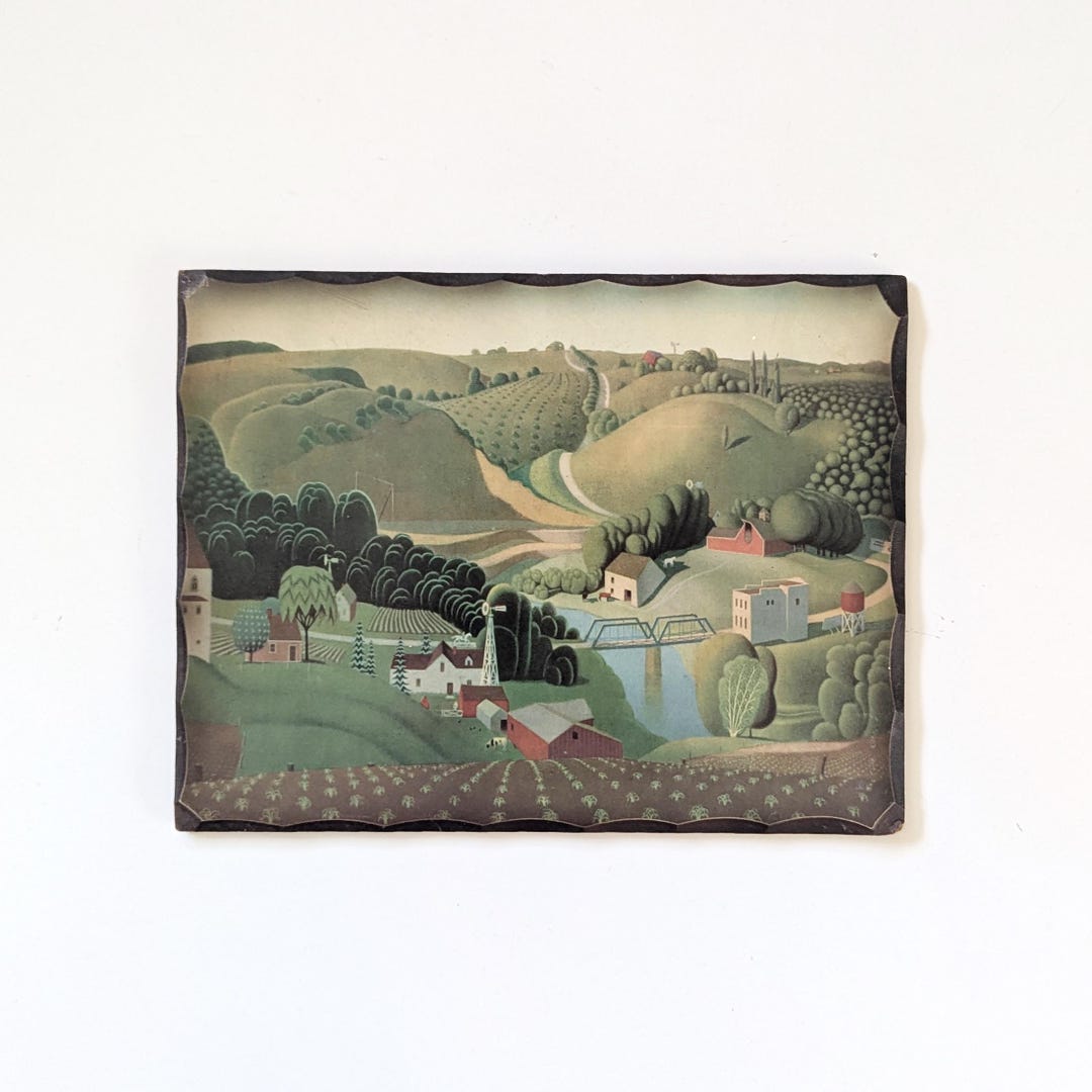 Grant Wood Stone City Vintage 1960s Print on Board - Etsy
