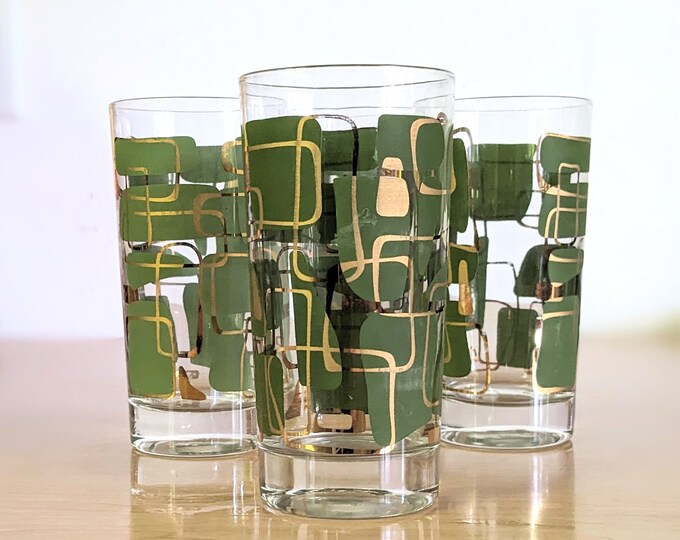 Mid Century Modern Drinking Glasses. Gold and Green. - Etsy