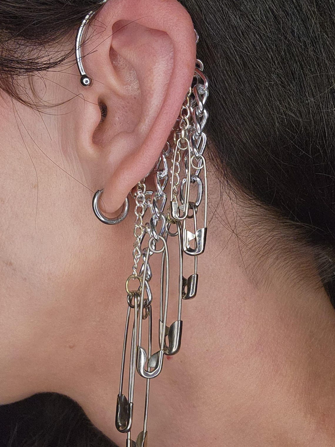 Safety Pin and Chain Ear Wrap Handmade Earrings No Piercing Safety Pins ...