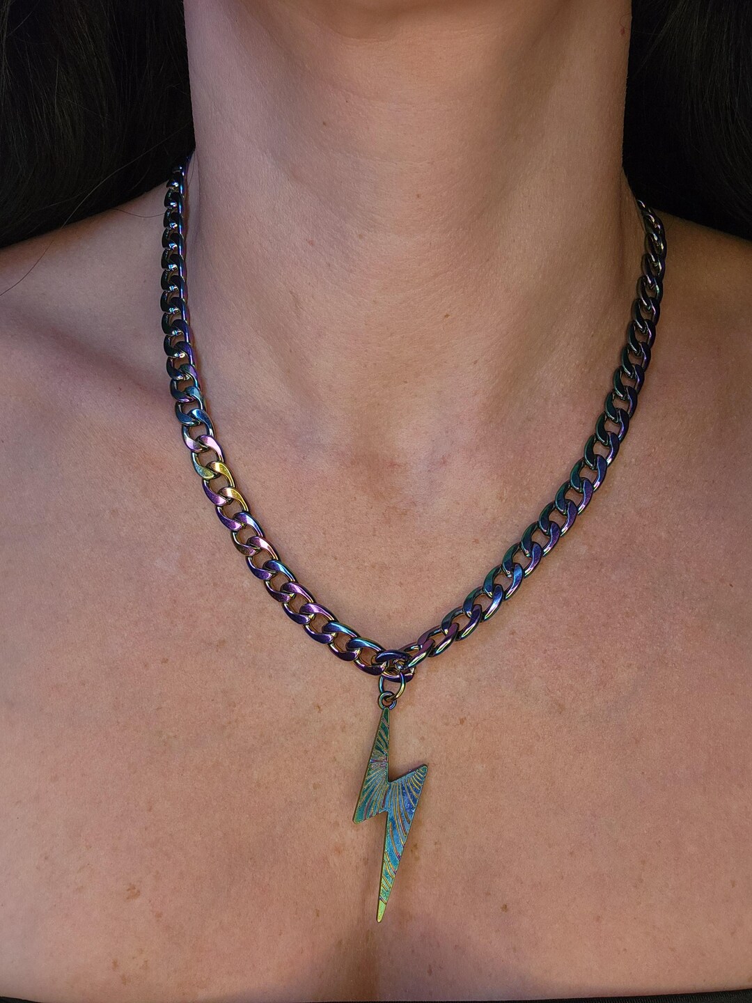 Rainbow Lightning Bolt Chain Necklace Oil Slick Colorful Metal Hardware ...
