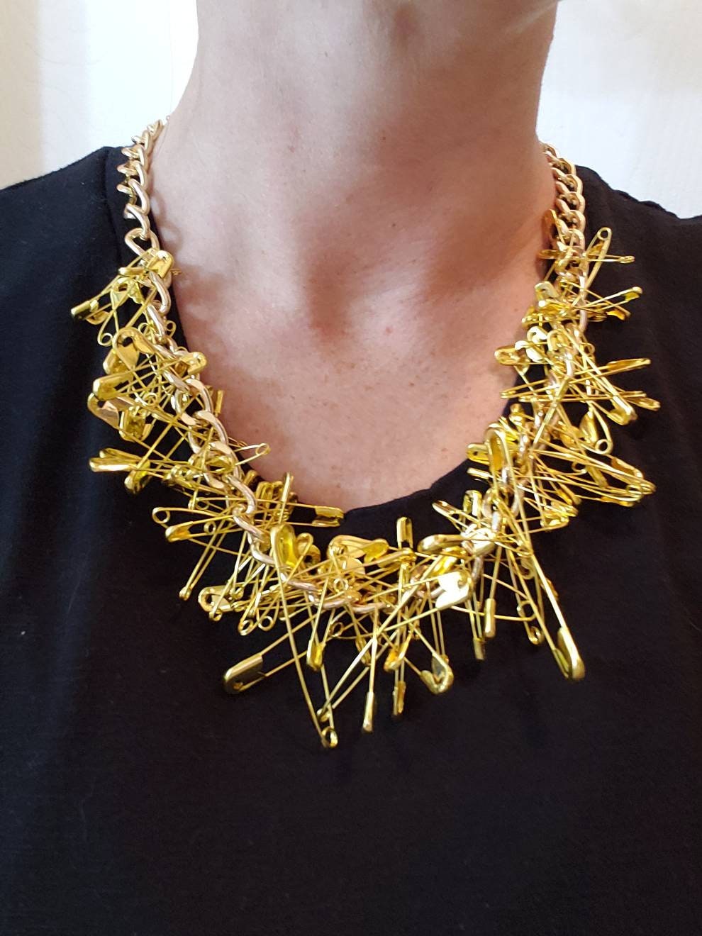 GOLD Safety Pin and Chain Necklace Handmade Punk Statement Piece Unique ...