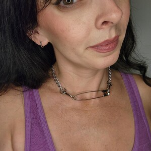 Large Safety Pin Chain Necklace Double Clasps Chunky Hardware Silver ...