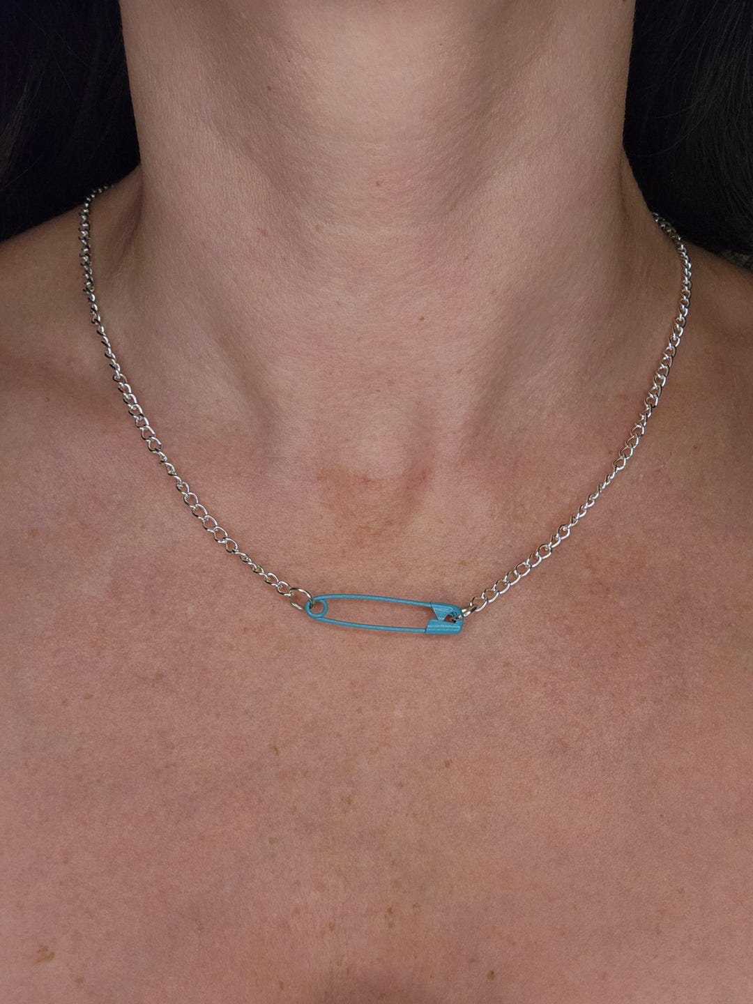 Teal Safety Pin Necklace Small Delicate Chain Silver Tone Metal Unisex ...