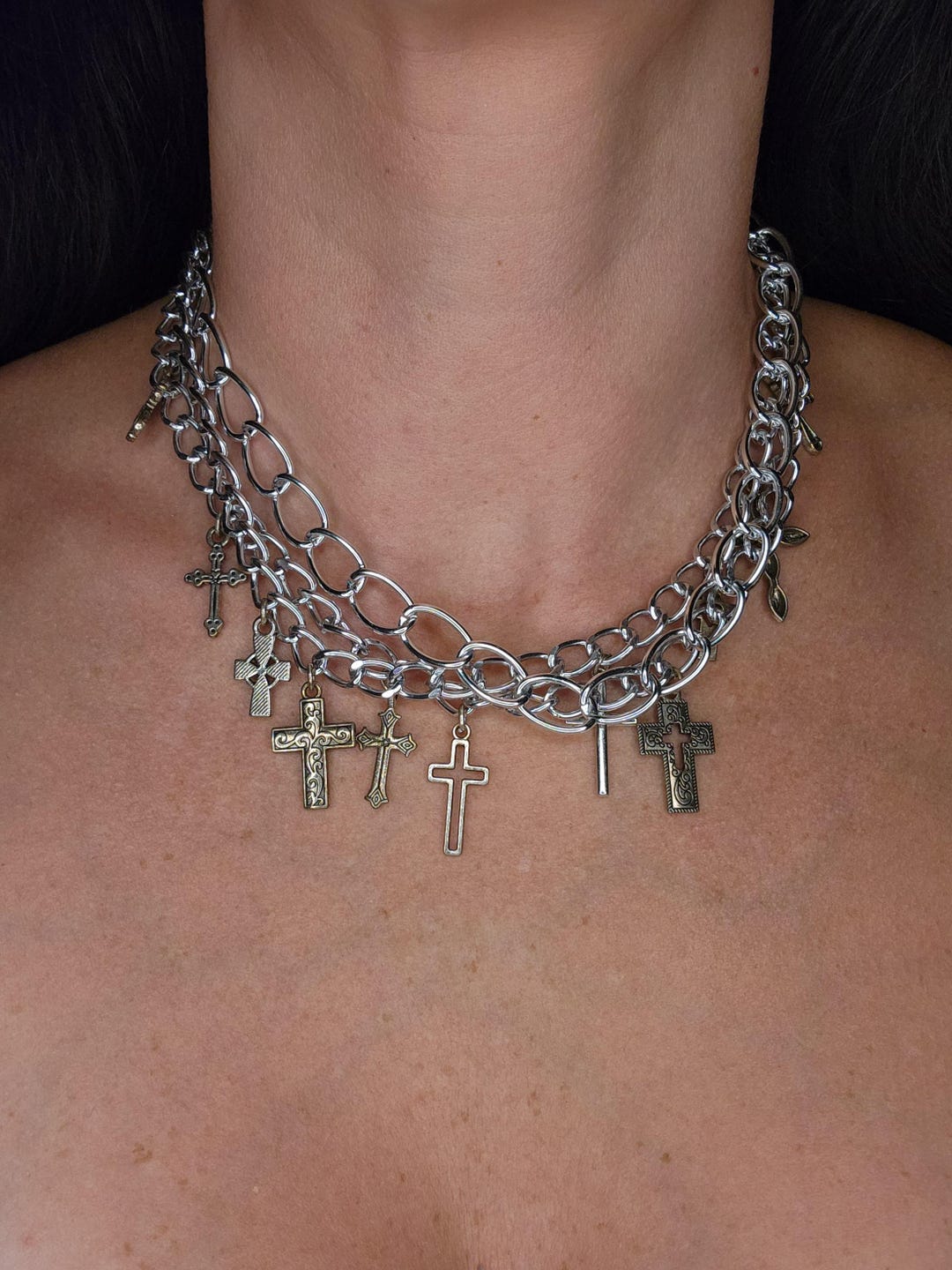 Crosses and Chains Necklace Handmade Jewelry Unisex Hardware Silver ...