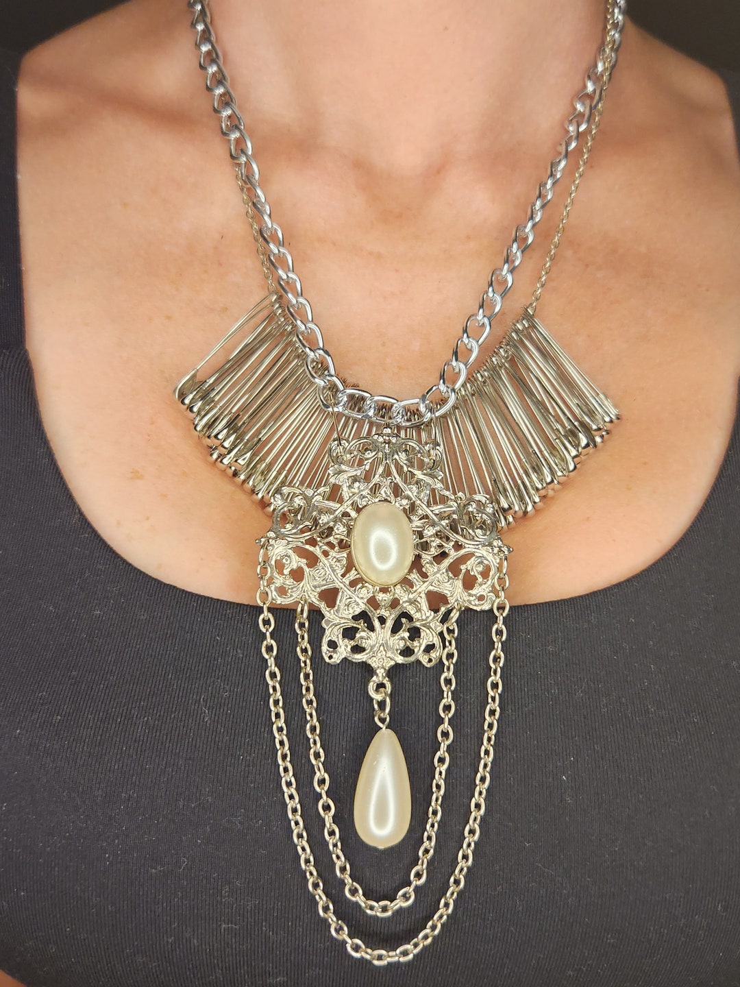 Safety Pin Necklace Layered Chains Vintage Pearl Brooch Repurposed ...