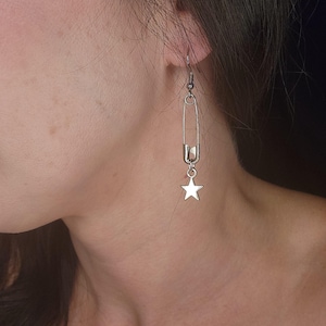 Star Charm Safety Pin Earrings Silver Tone Handmade Jewelry Unisex Hardware - Etsy