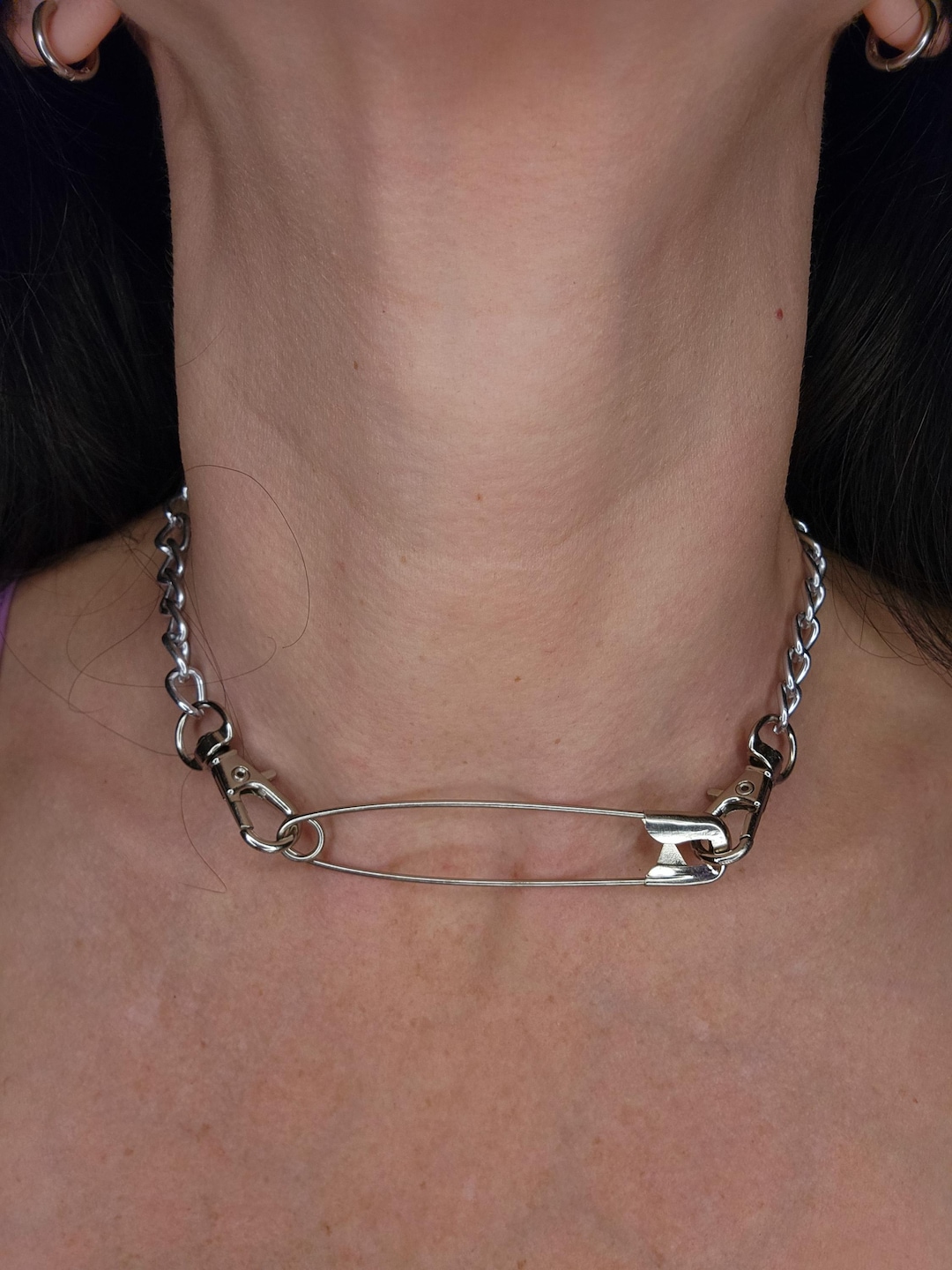Large Safety Pin Chain Necklace Double Clasps Chunky Hardware Silver ...