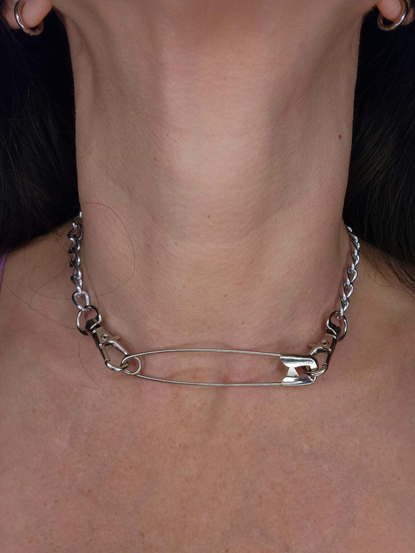 Large Safety Pin Chain Necklace Double Clasps Chunky Hardware Silver ...