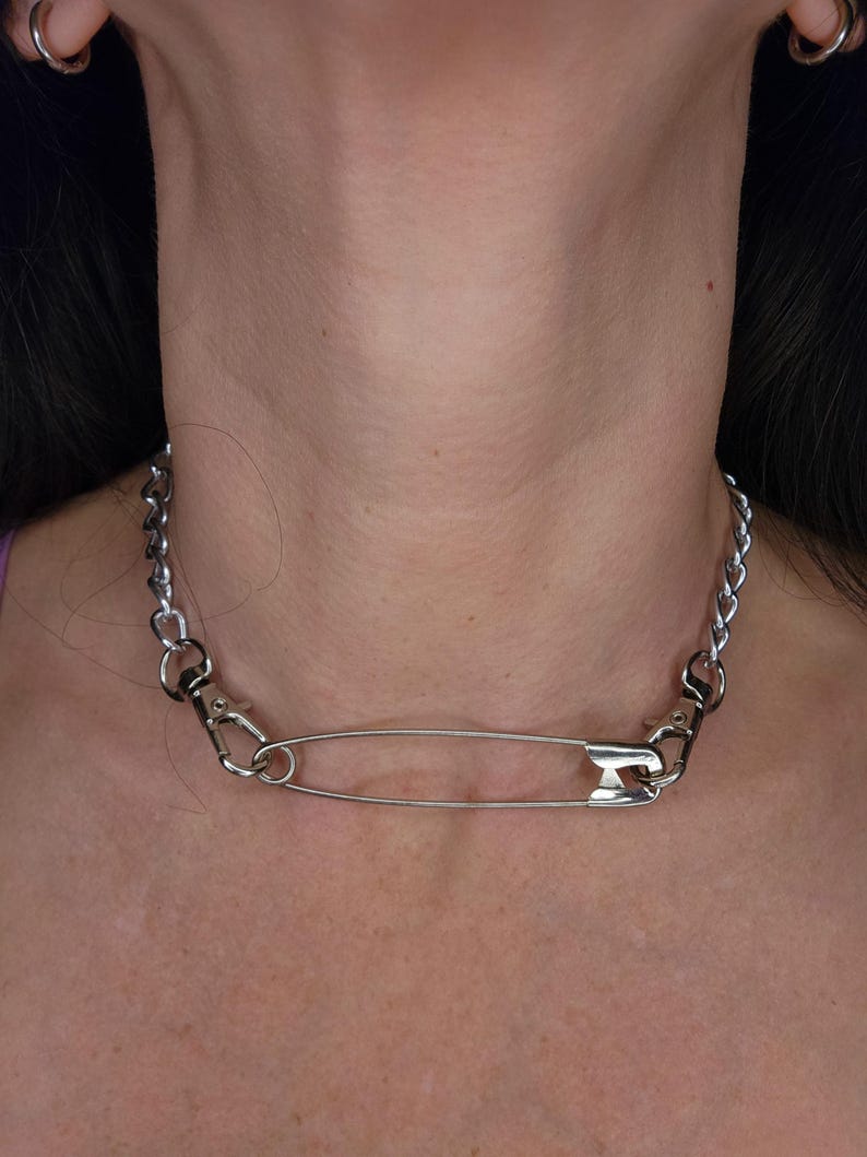 Large Safety Pin Chain Necklace Double Clasps Chunky Hardware Silver ...