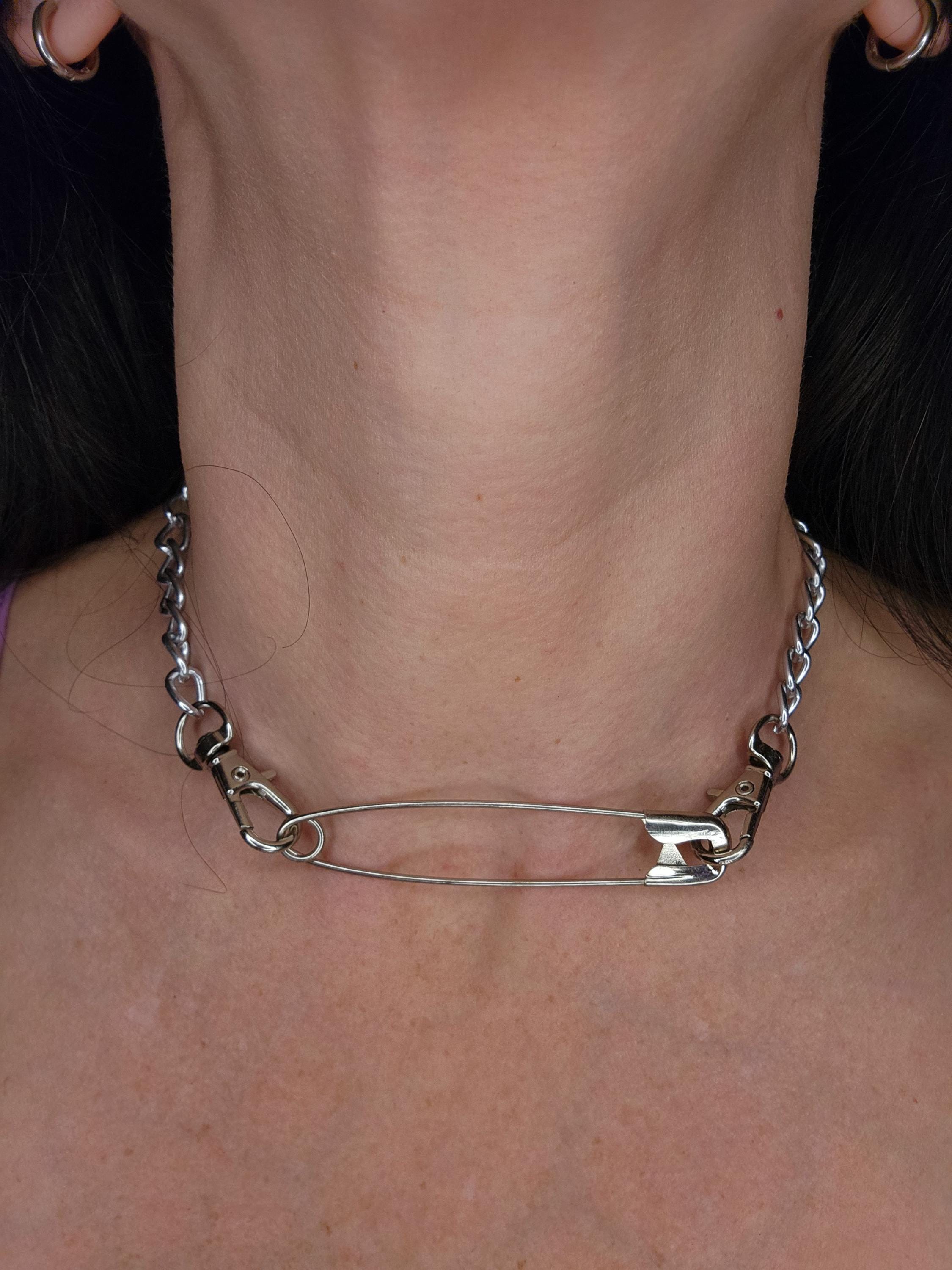 Large Safety Pin Chain Necklace Double Clasps Chunky Hardware Silver ...
