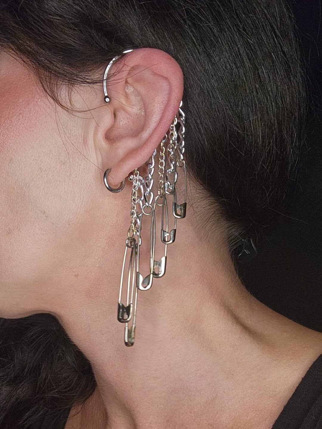 Safety Pin and Chain Ear Wrap Handmade Earrings No Piercing Safety Pins ...
