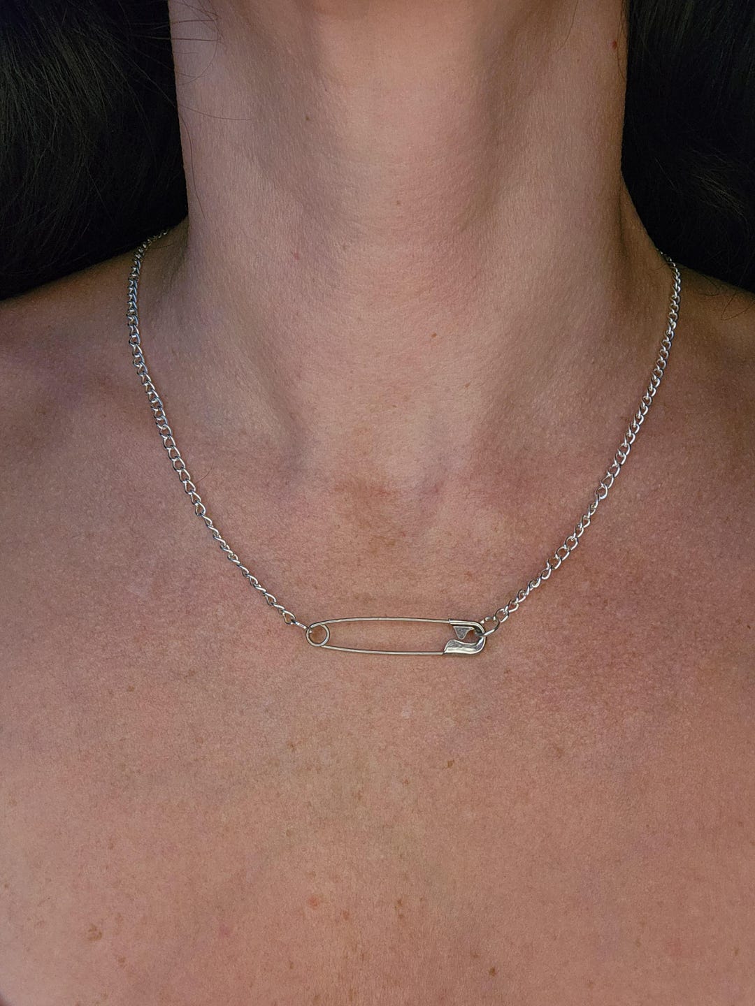 Safety Pin Necklace Small Delicate Chain Silver Tone Metal Unisex ...