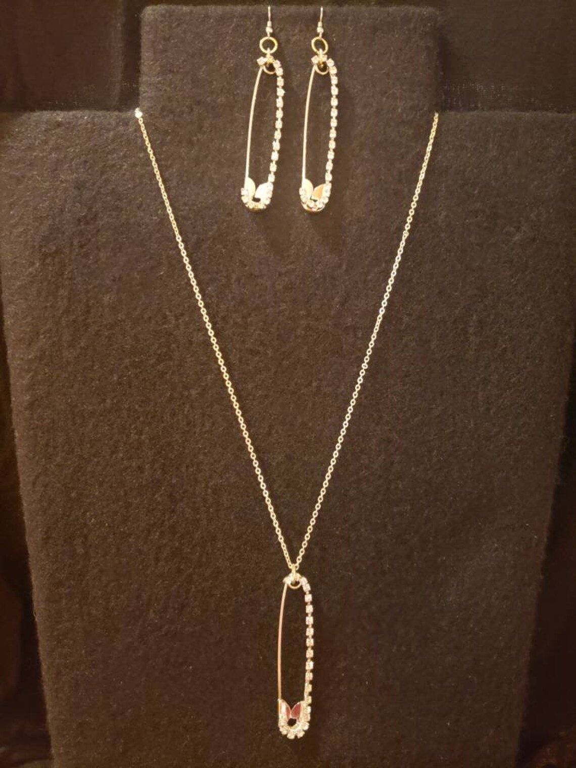 Rhinestone Safety Pin Necklace and Earrings Set Handmade - Etsy