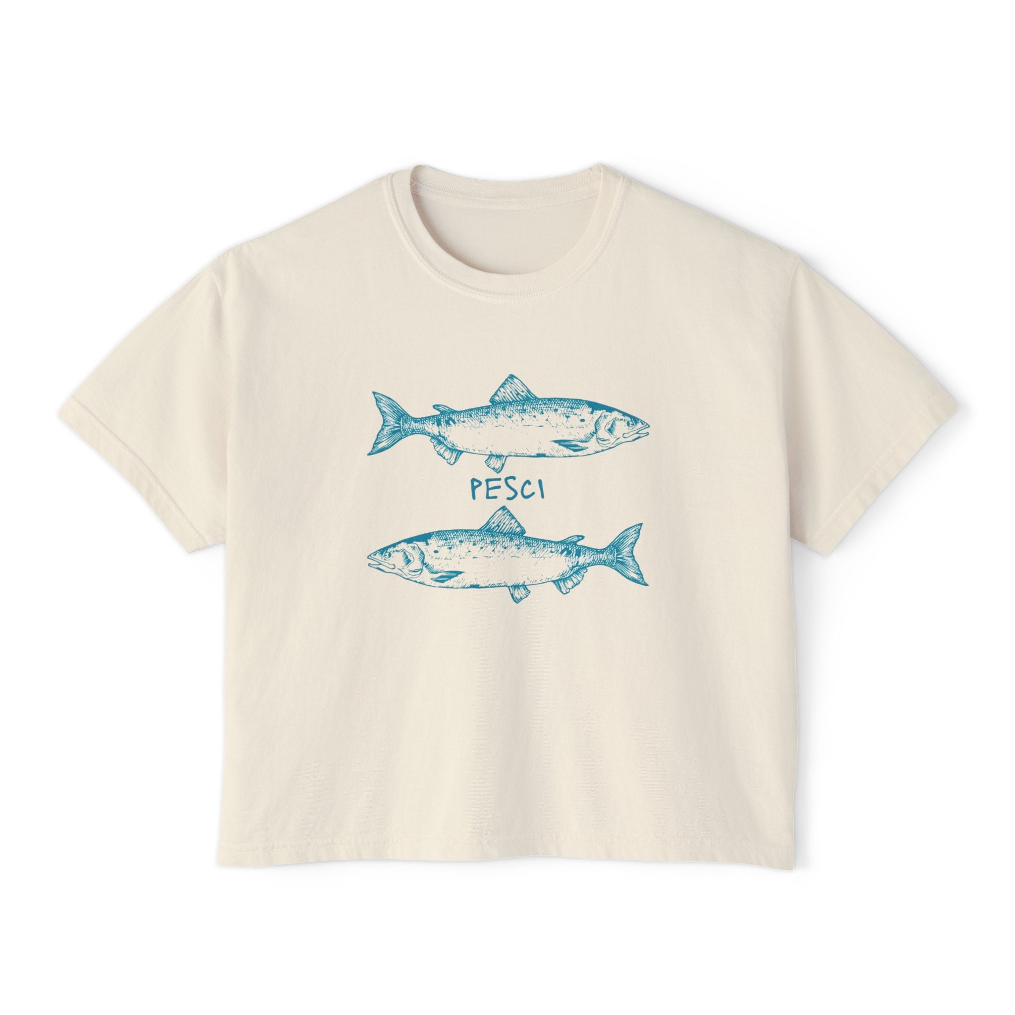 Blue Fish Print Cream Crop Top | Cottage Core Ocean Inspired Fish Boxy ...