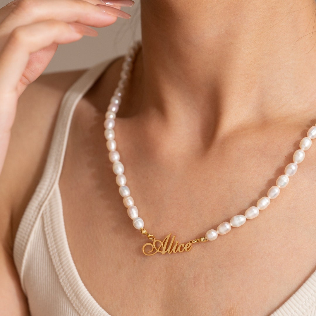 Custom Pearl Name Necklace, Personalized Gold Name Necklace, Dainty ...